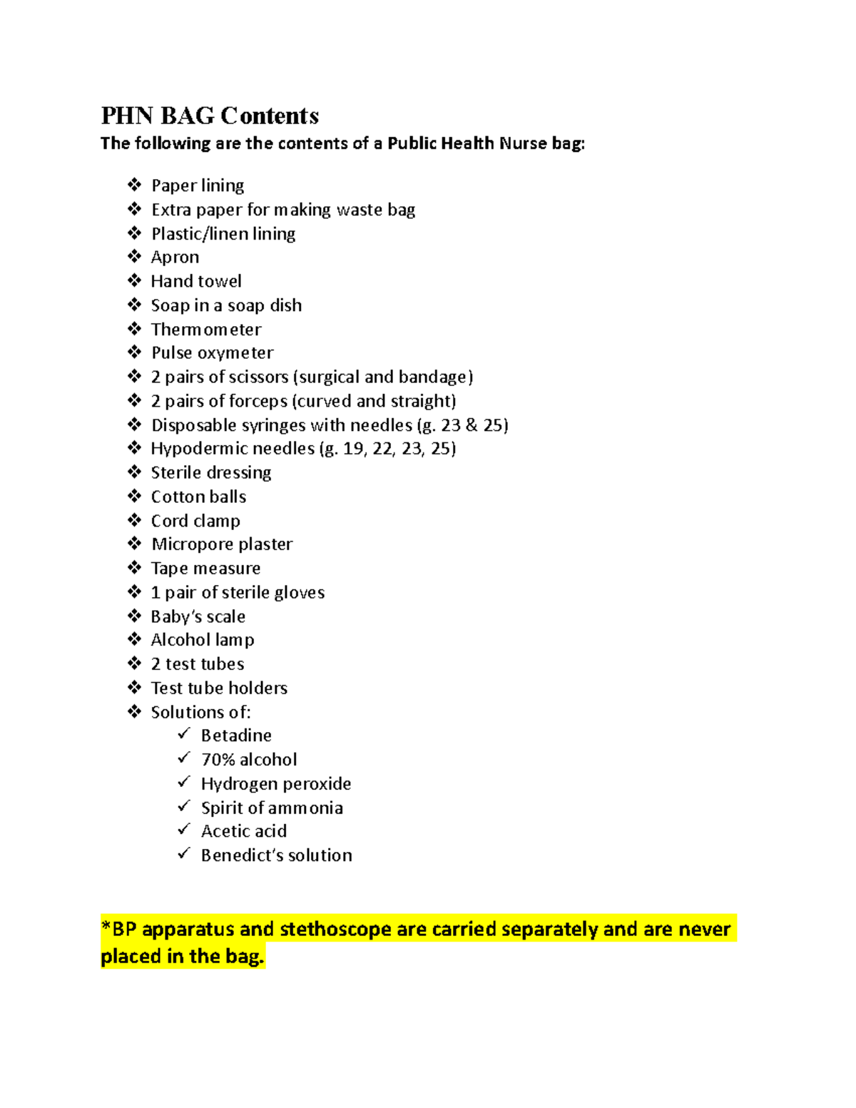 PHN-BAG-Contents - goodluck - PHN BAG Contents The following are the contents of a Public Health ...