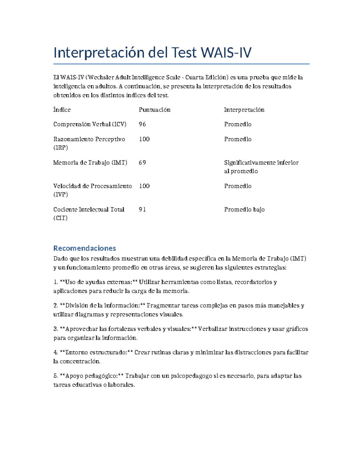 Interpretacion WAIS IV - Interpretación del Test WAIS-IV El WAIS-IV ...