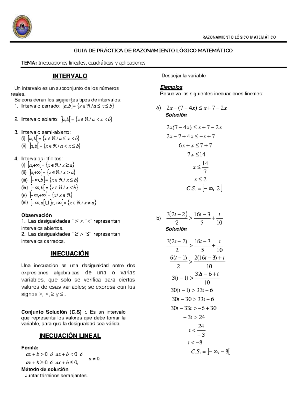 Inecuaciones lineales cuadráticas aplicaciones - ####### GUIA DE PRÁCTICA DE RAZONAMIENTO LÓGICO ...