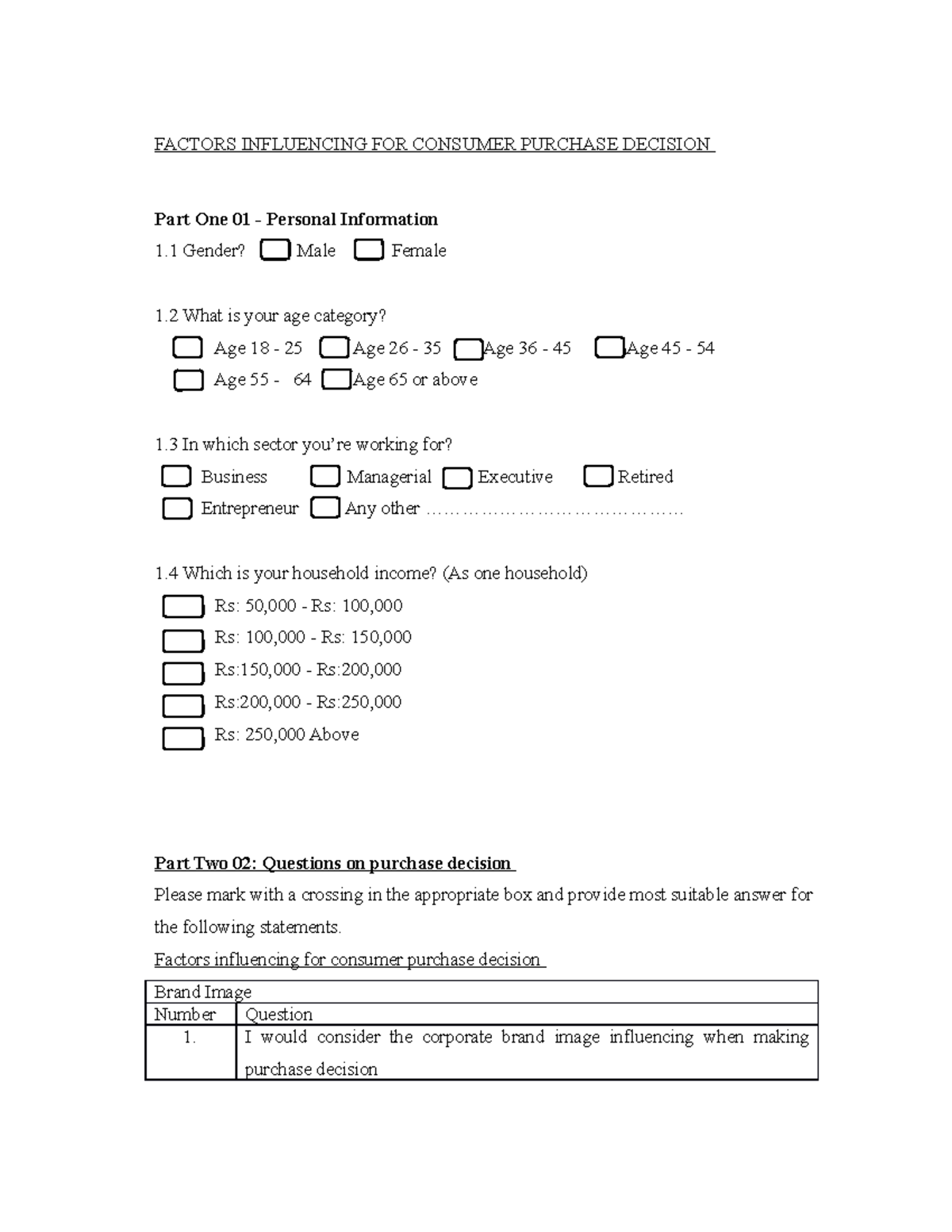 Hadithya Questionnaire - FACTORS INFLUENCING FOR CONSUMER PURCHASE ...