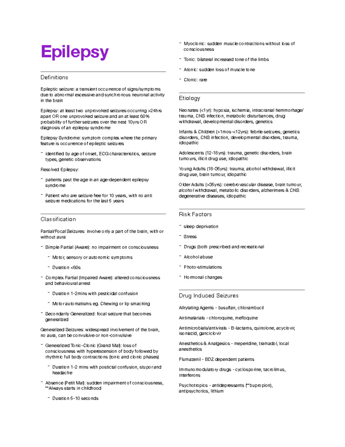 444 Neurology Tables - Notes - Epilepsy Definitions Epileptic seizure ...