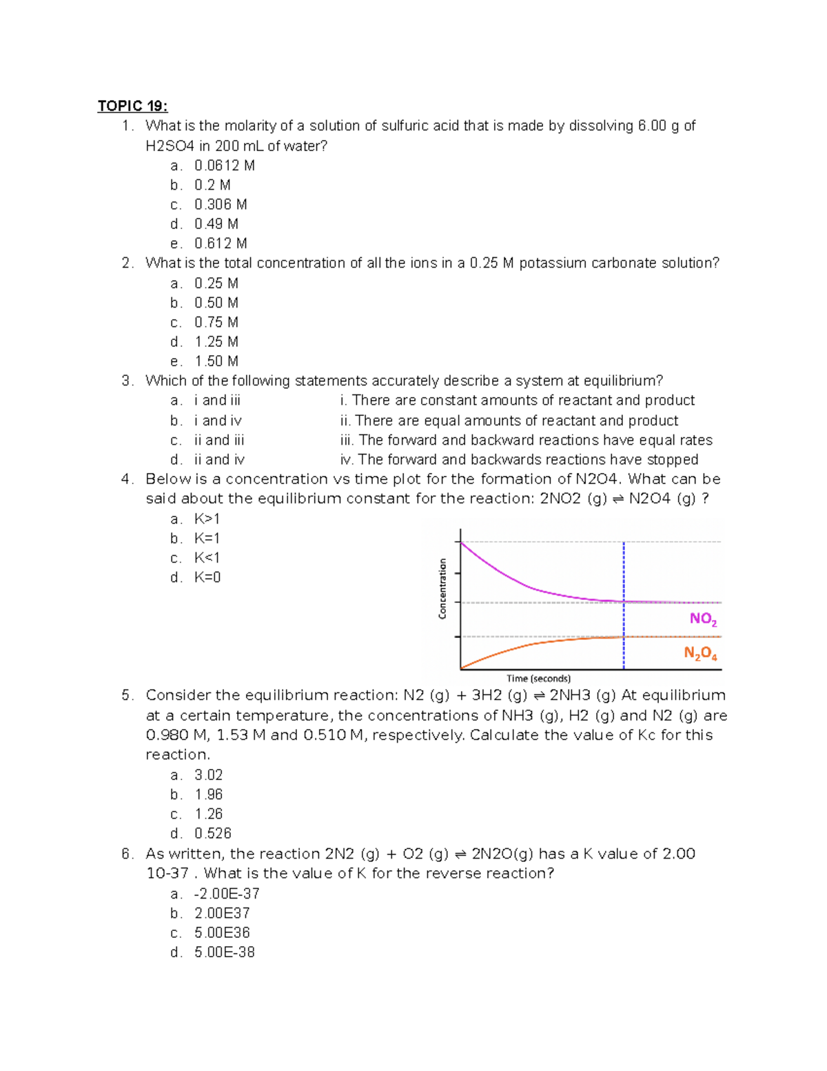 CHEM 104 Exam 1 Review Questions - TOPIC 19: What is the molarity of a ...