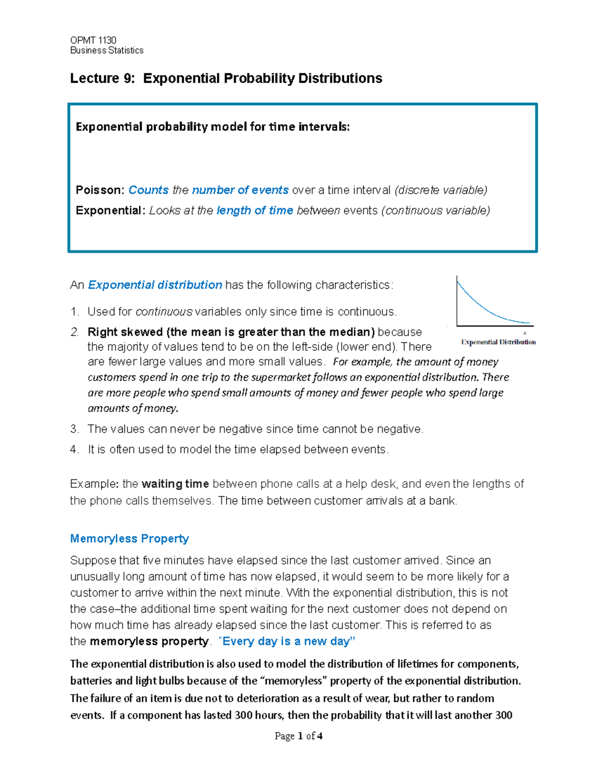 Lecture 9 - Business Statistics Lecture 9: Exponential Probability Distributions An Exponential ...