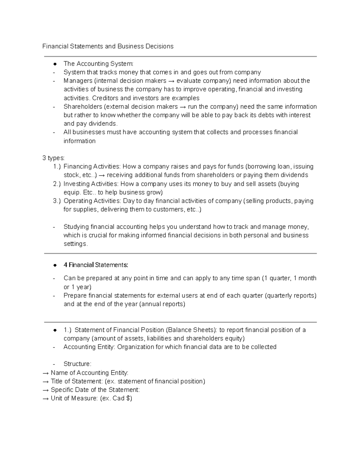 FA Chapter 1 Notes TB - Financial Statements and Business Decisions The ...