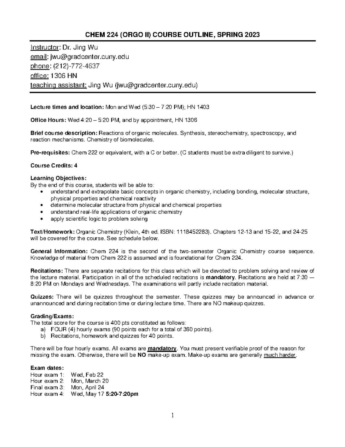 Orgo 2 syllabus - 1 CHEM 224 (ORGO II) COURSE OUTLINE, SPRING 2023 ...