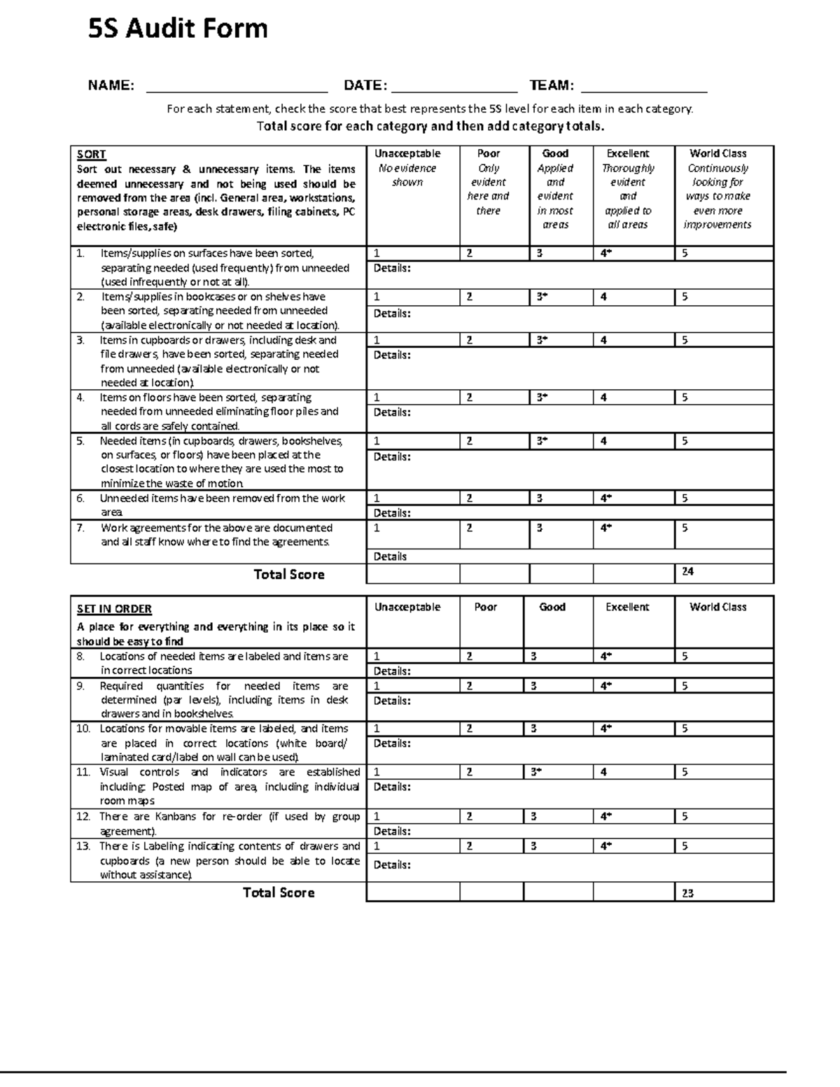 5S Audit Form. - SIN - NAME: _______________________ DATE ...