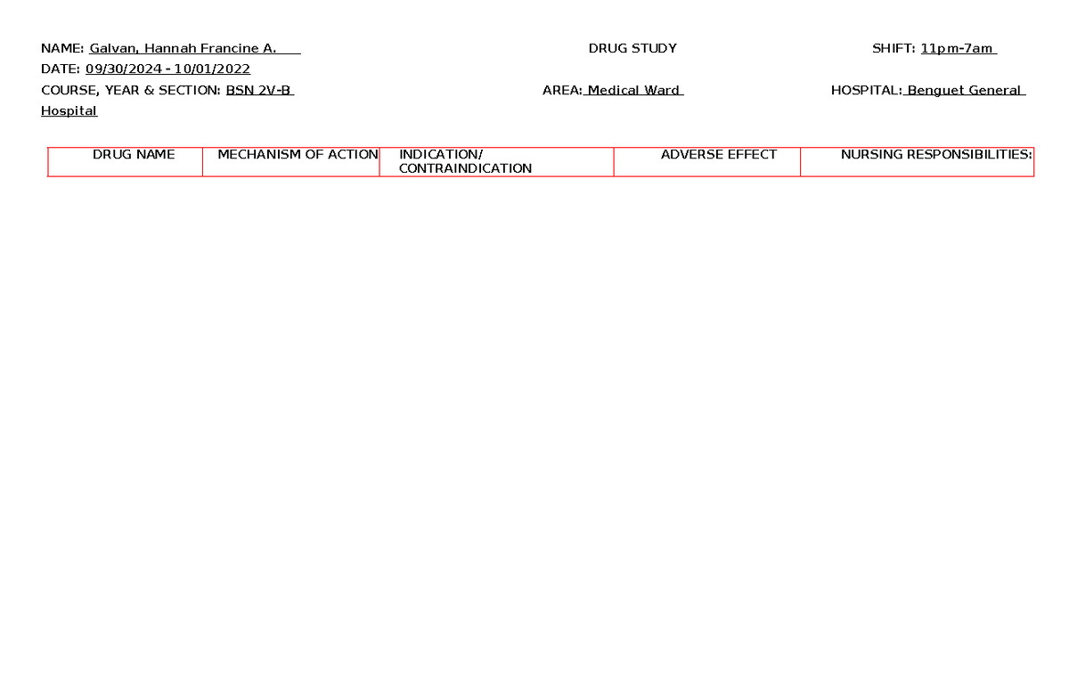 DRUG Study Format 1 - NAME: Galvan, Hannah Francine A. DRUG STUDY SHIFT ...