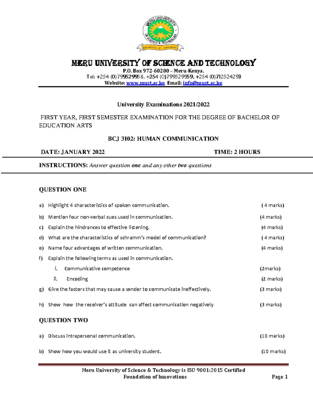BCJ 3102 Human Communication - Meru University of Science & Technology is ISO 9001:2015 - Studocu