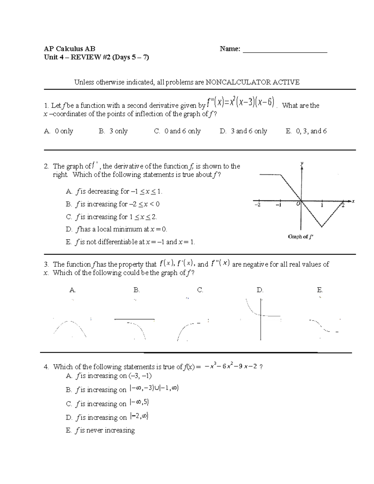 Unit 4 - review 2 - days 5 - 7 - AP Calculus AB Name ...