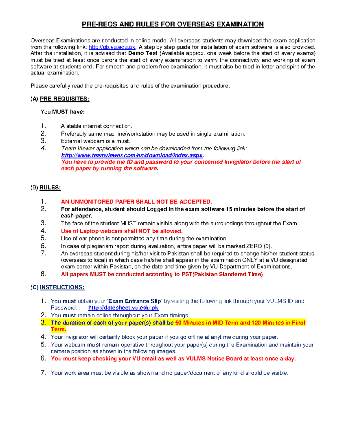 Overseas Examination Procedure - PRE-REQS AND RULES FOR OVERSEAS ...