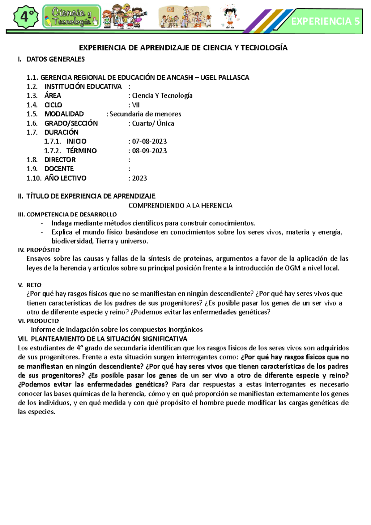 4° Ed A y-o Unidad Cy T 2023 - EXPERIENCIA DE APRENDIZAJE DE CIENCIA Y ...