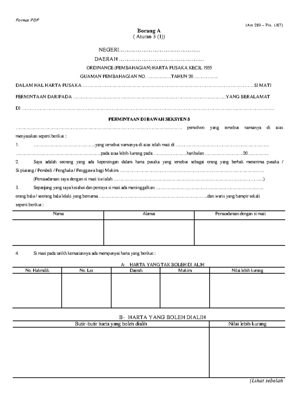Borang A - Format Pdf (am 289 – Pin. 1 87) Borang A ( Aturan 3 (1