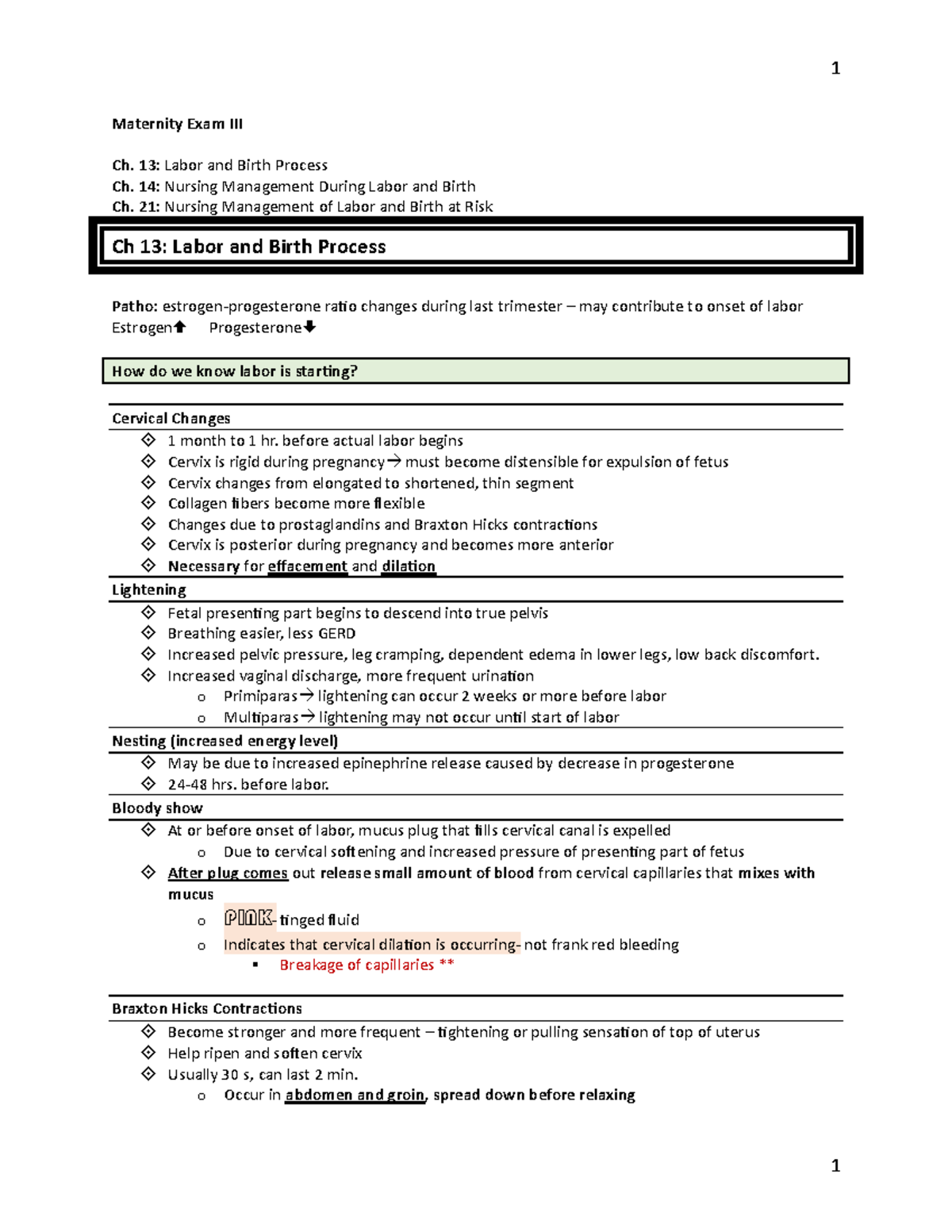 Maternity Exam III - Study guide - Maternity Exam III Ch. 13: Labor and ...