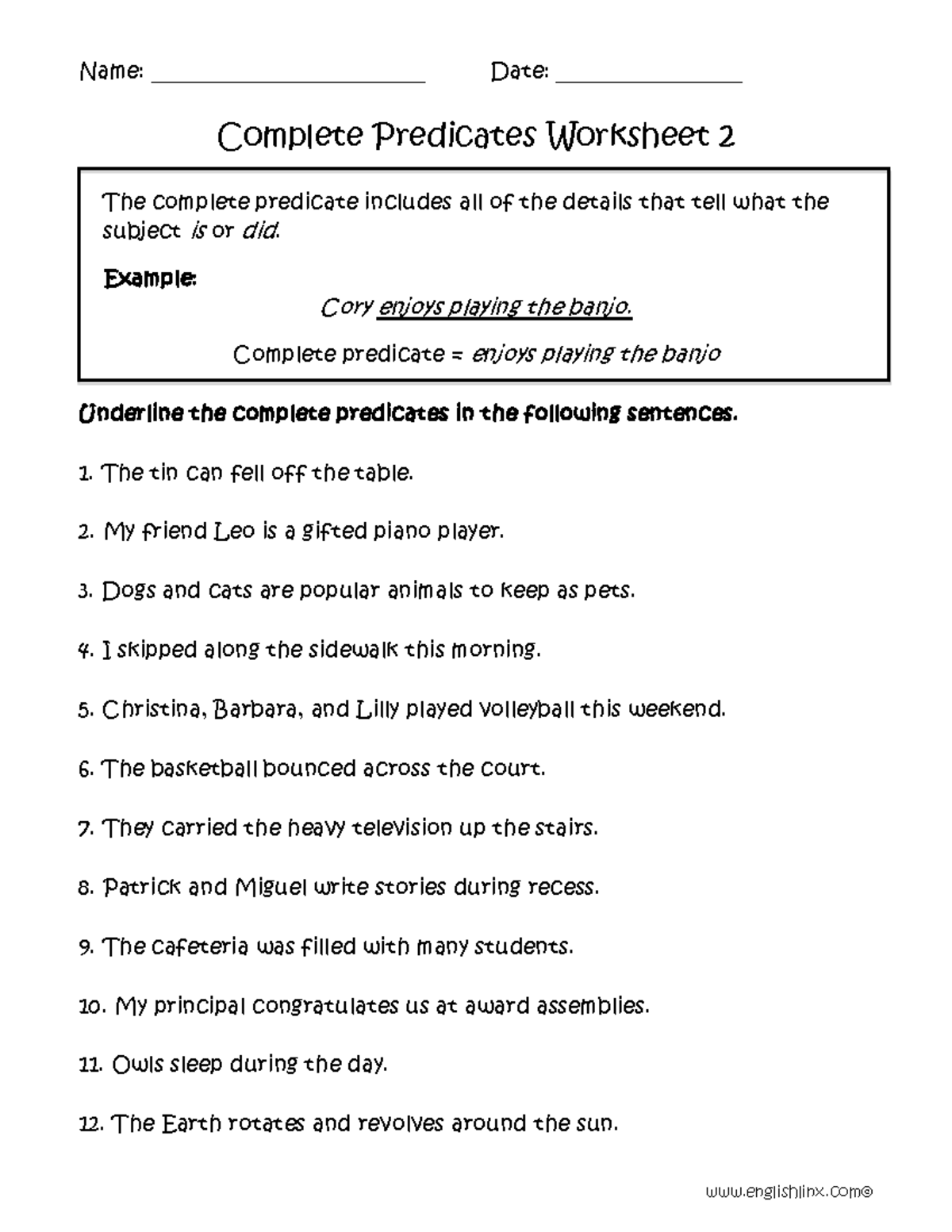 Complete-Predicates Worksheet-2 - Name: _________________________ Date