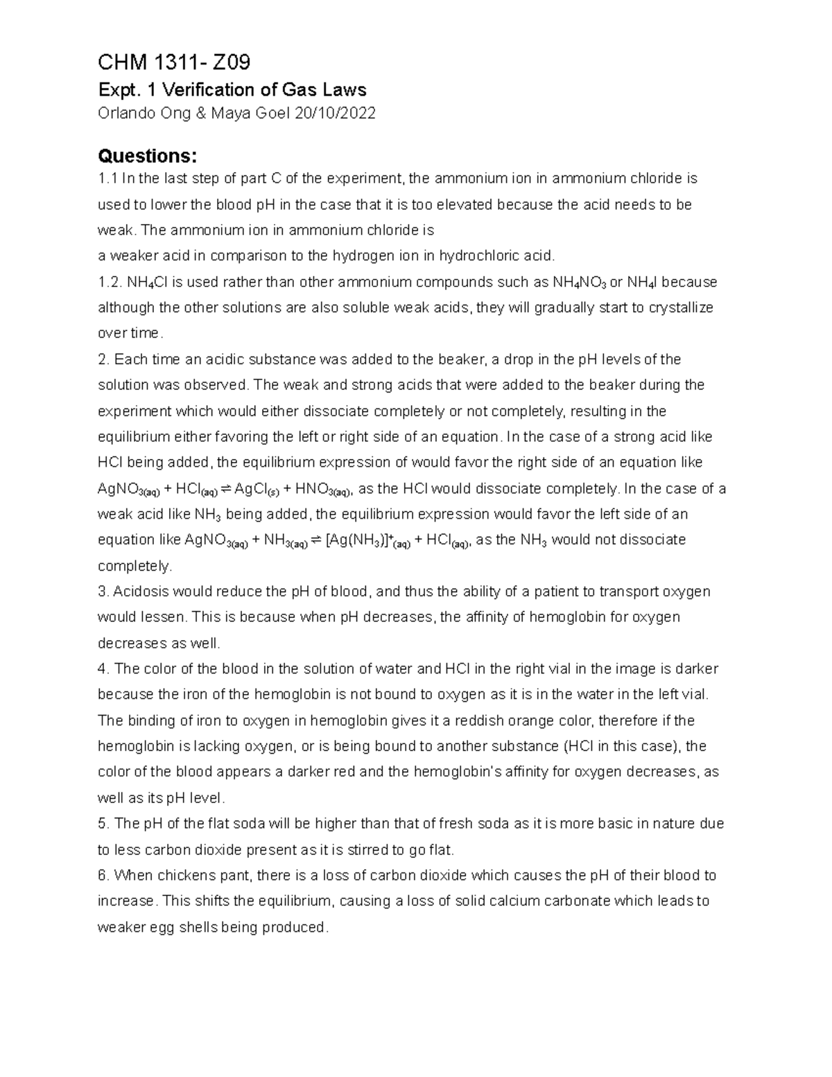 Expt. 3 Equilibria - Lab report - CHM 1311- Z Expt. 1 Verification of Gas Laws Orlando Ong ...