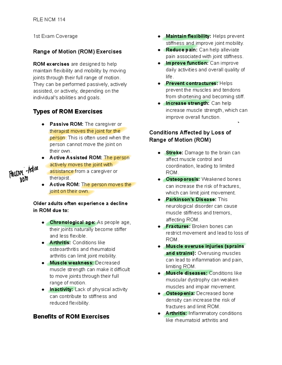 RLE-ncm114 - Very informative notes - 1st Exam Coverage Range of Motion ...