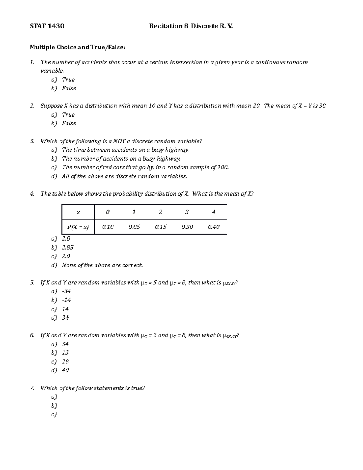 Rec 8 Discrete Random Variables - STAT 1430 Recitation 8 Discrete R. V. Multiple Choice and ...