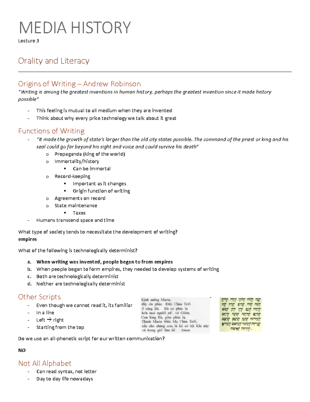 Media History - Lecture 3 - MEDIA HISTORY Lecture 3 Orality and ...