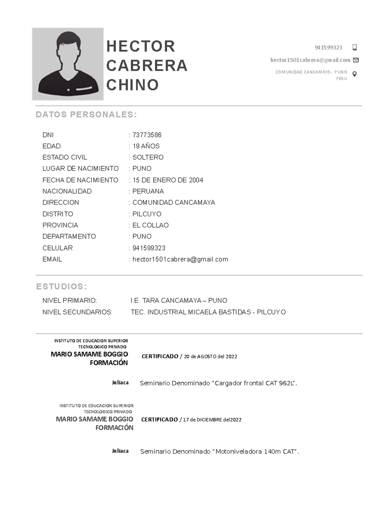 CV DE Hecto - ESTE ES CV - DNI : 73773586 EDAD : 19 AÑOS ESTADO CIVIL : SOLTERO LUGAR DE ...