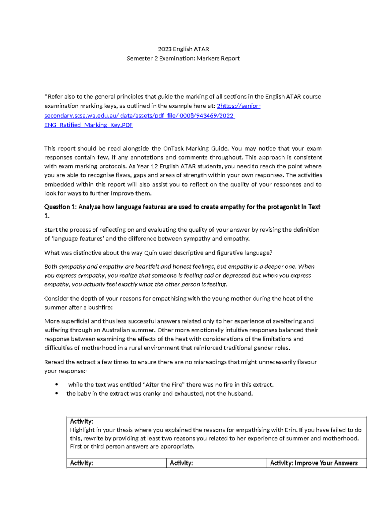 SEM 2 Exam Comprehending Section Markers Report - 2023 English ATAR ...