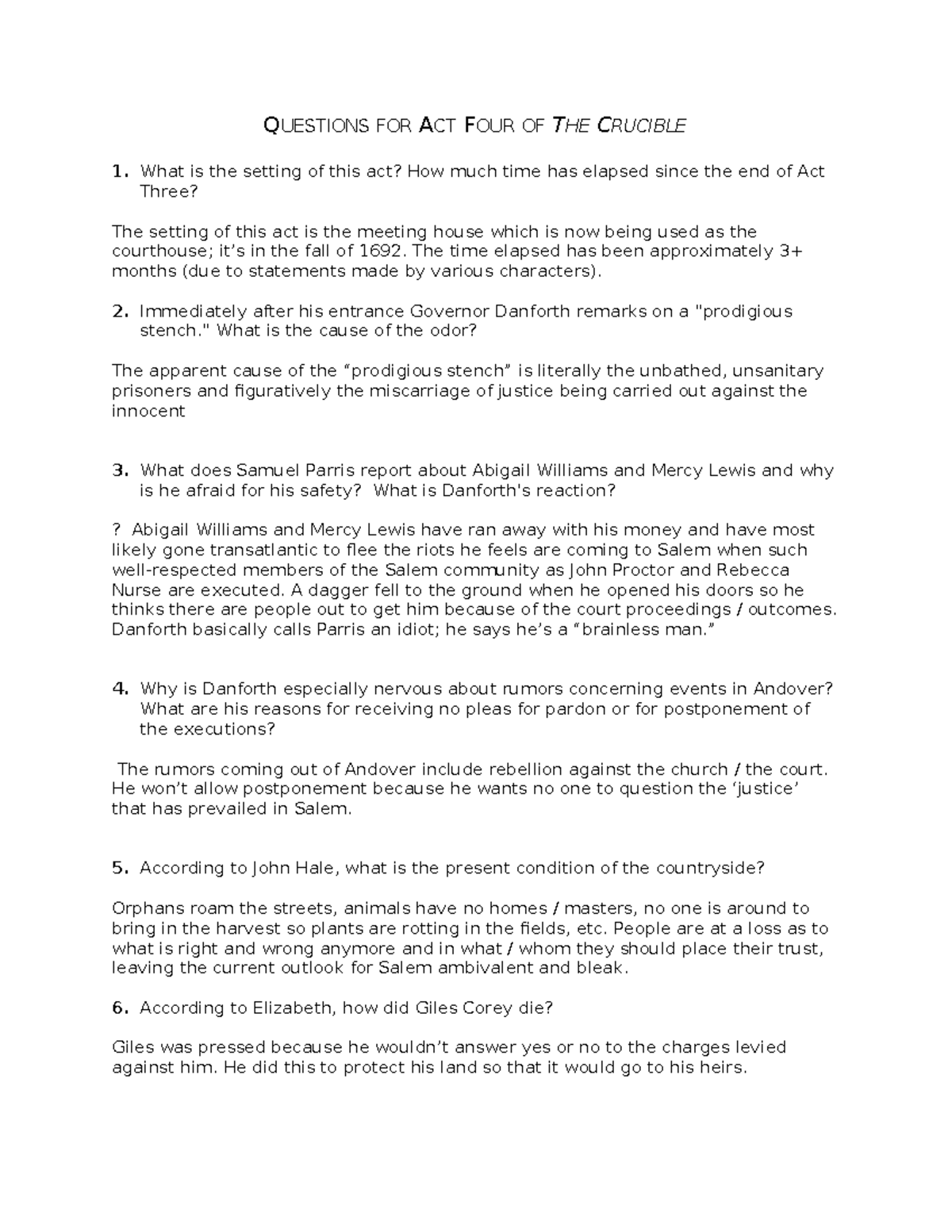 Questions for Act Four of The Crucible - QUESTIONS FOR ACT FOUR OF THE ...