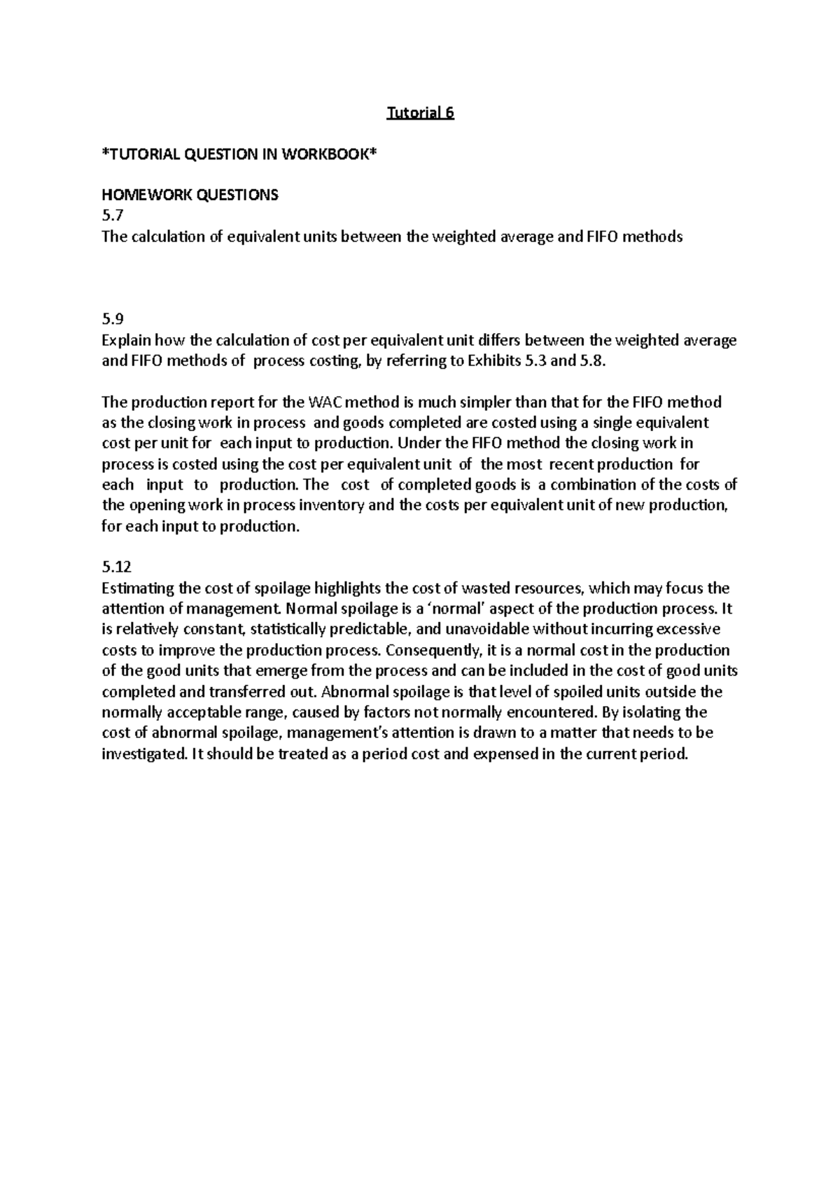 Tutorial 6 N A Tutorial 6 Tutorial Question In Workbook Homework Questions 5 The