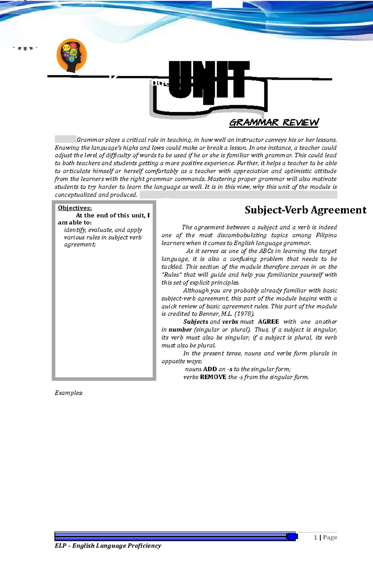 ELP-Students-Copy Unit-1 - GRAMMAR REVIEW Grammar plays a critical role ...
