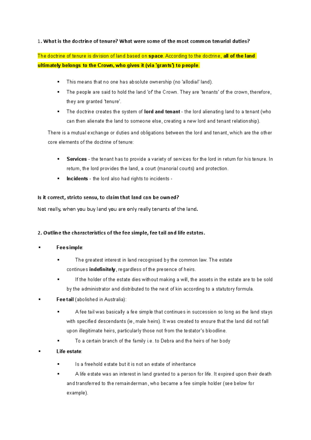Property Week 3 - What is the doctrine of tenure? What were some of the ...