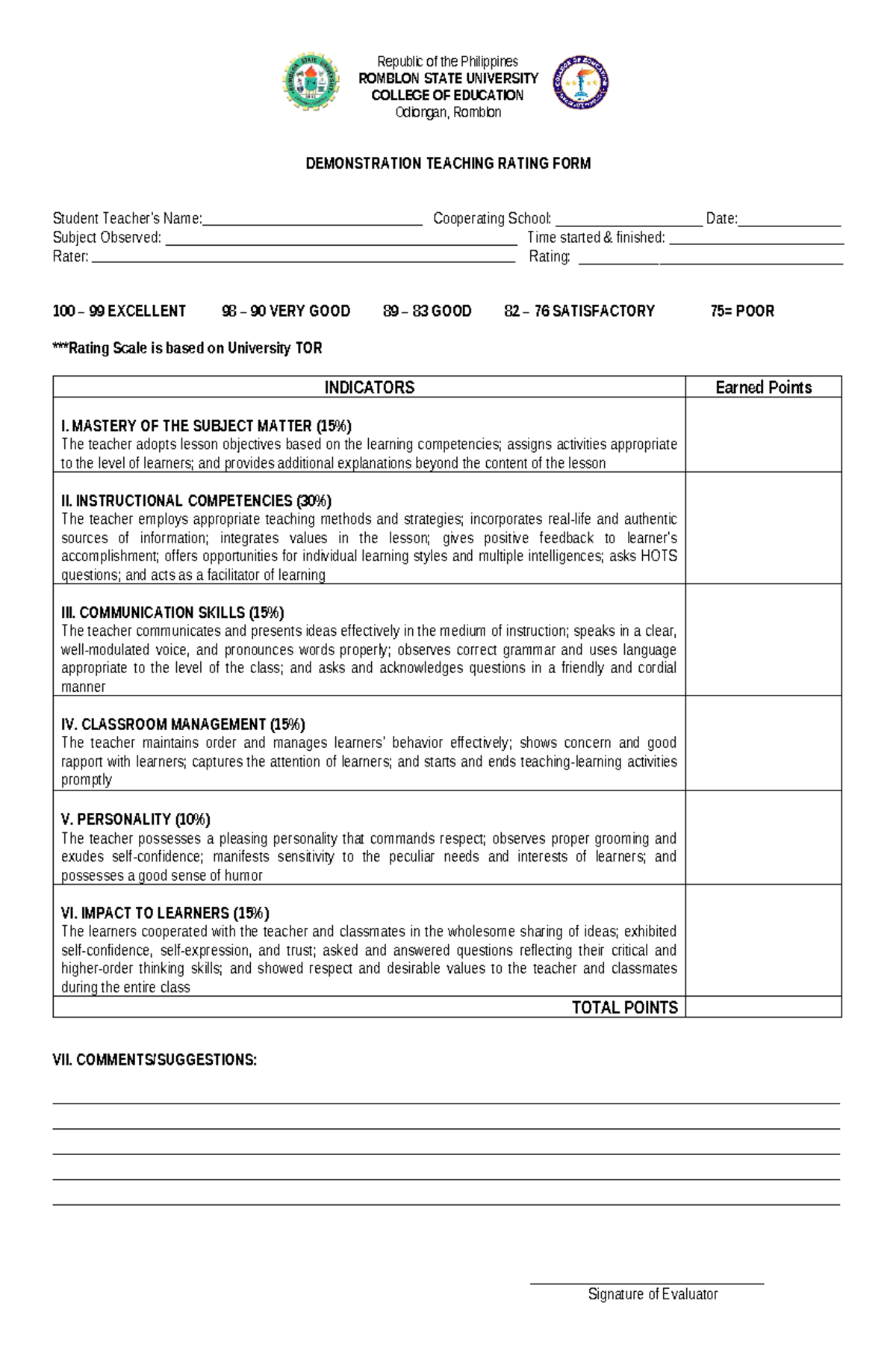 Demonstration Teaching Rating FORM - Republic of the Philippines ...