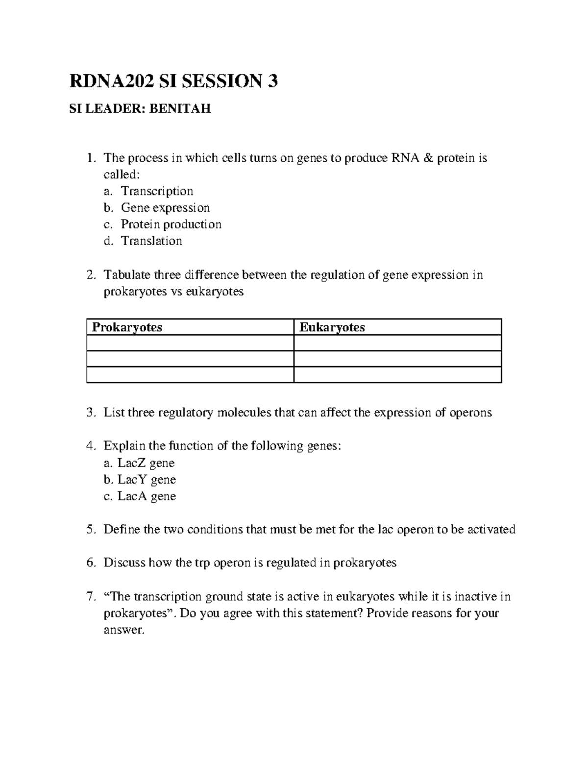 Session 3 Worksheet Benitah 25 August - RDNA202 SI SESSION 3 SI LEADER ...