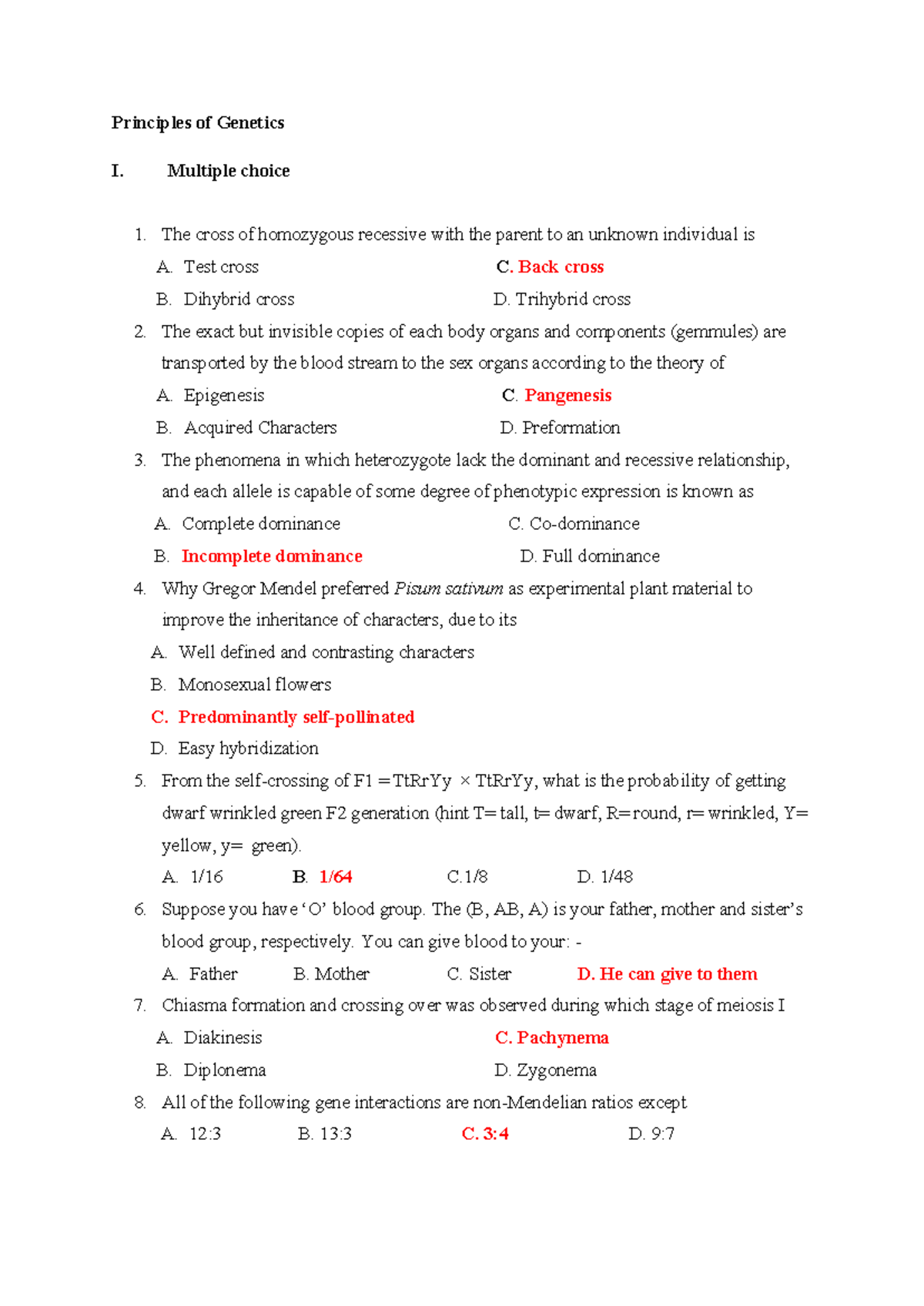 Genetics exit exam(3) - Principles of Genetics I. Multiple choice 1 ...