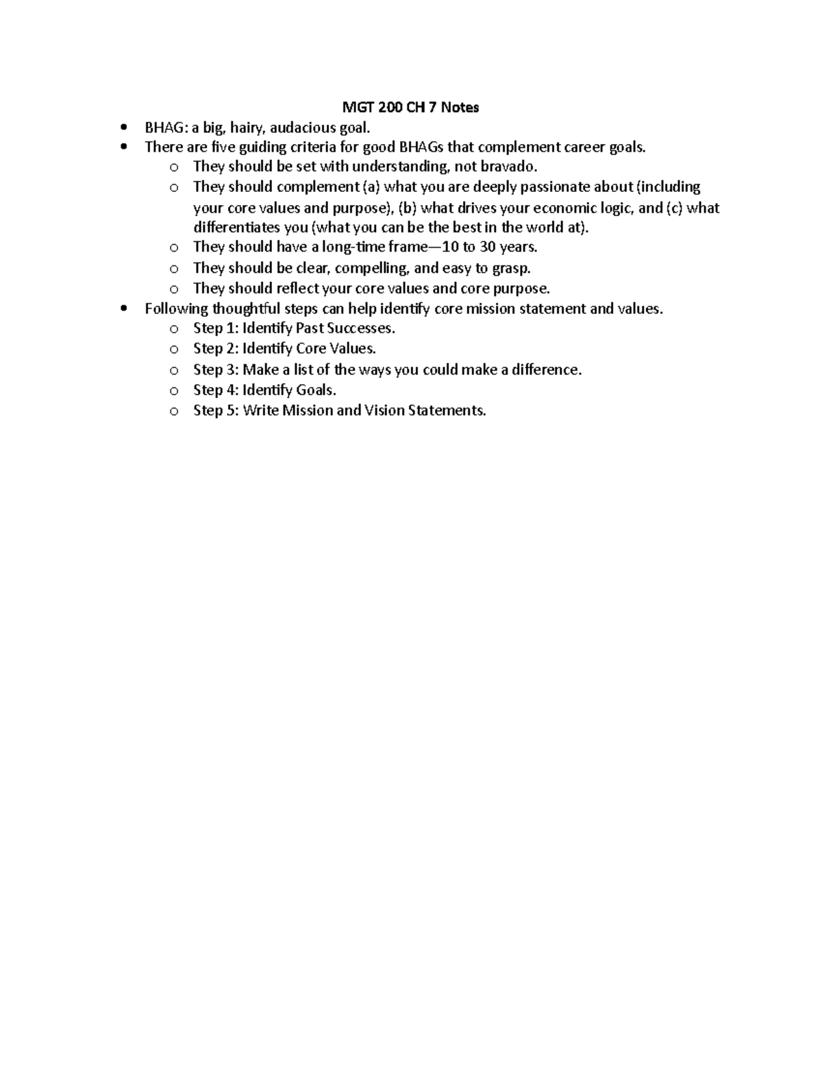MGT 200 CH 7 Notes - MGT 200 CH 7 Notes BHAG: a big, hairy, audacious ...