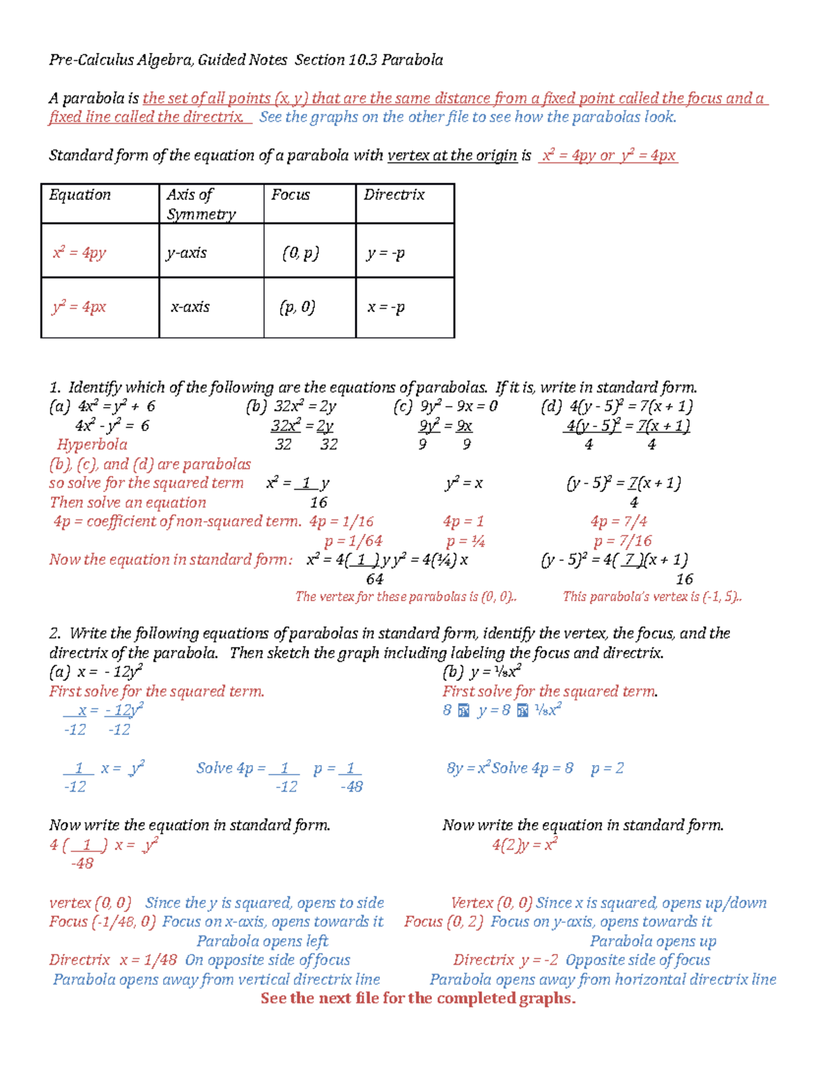 Pre Cal Parabola Notes Done - Pre-Calculus Algebra, Guided Notes ...