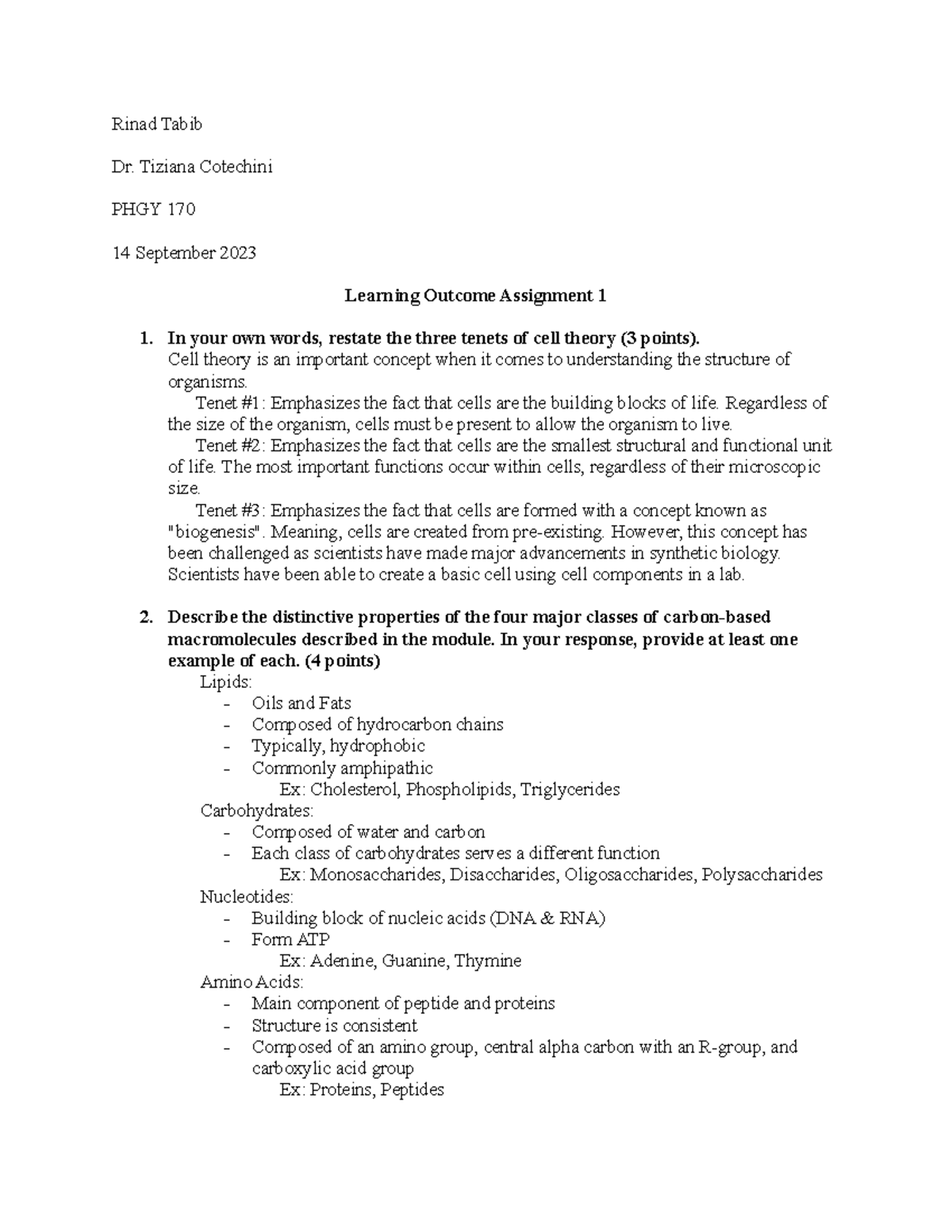 Learning Outcome Assignment 1 - Rinad Tabib Dr. Tiziana Cotechini PHGY ...