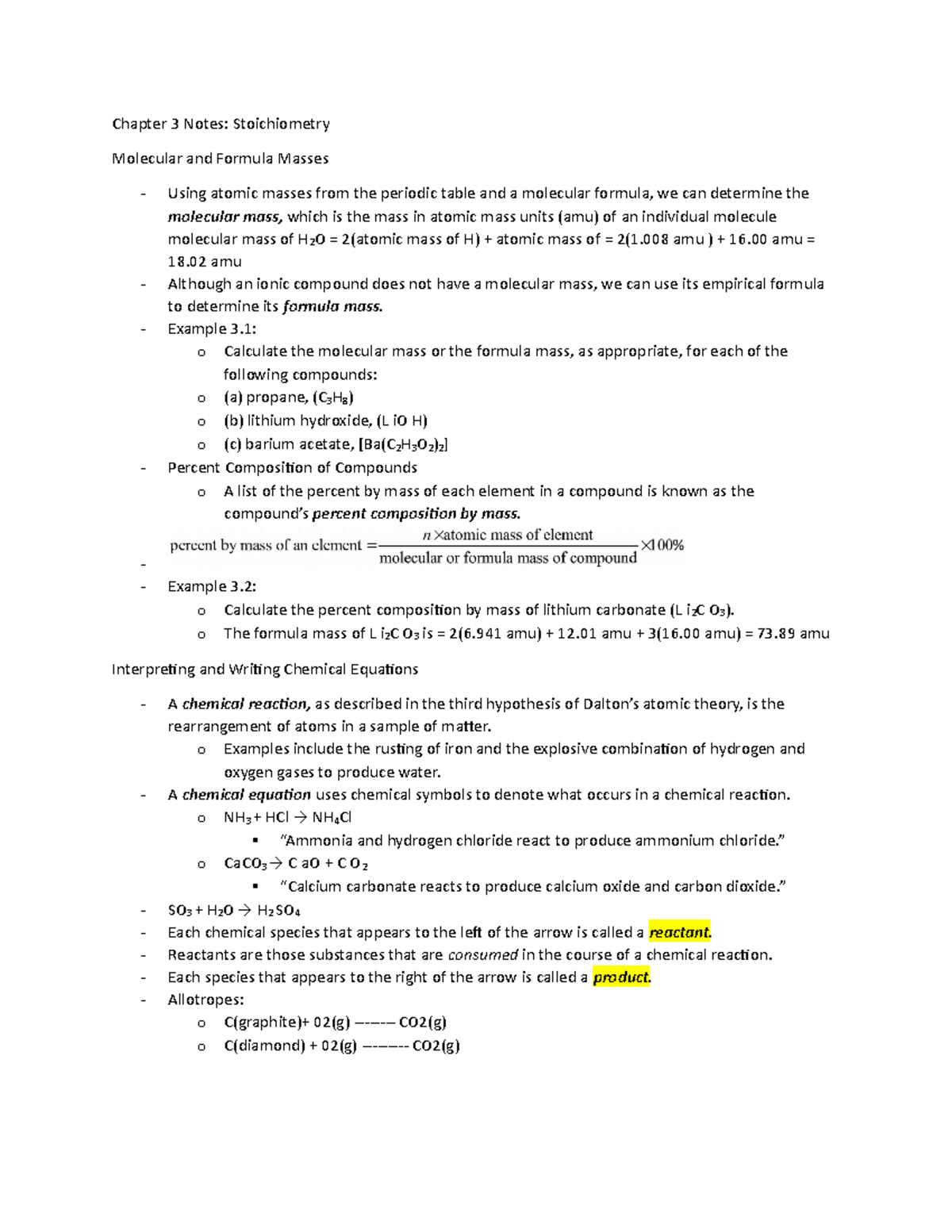 Chapter 3 notes - Chapter 3 Notes: Stoichiometry Molecular and Formula ...
