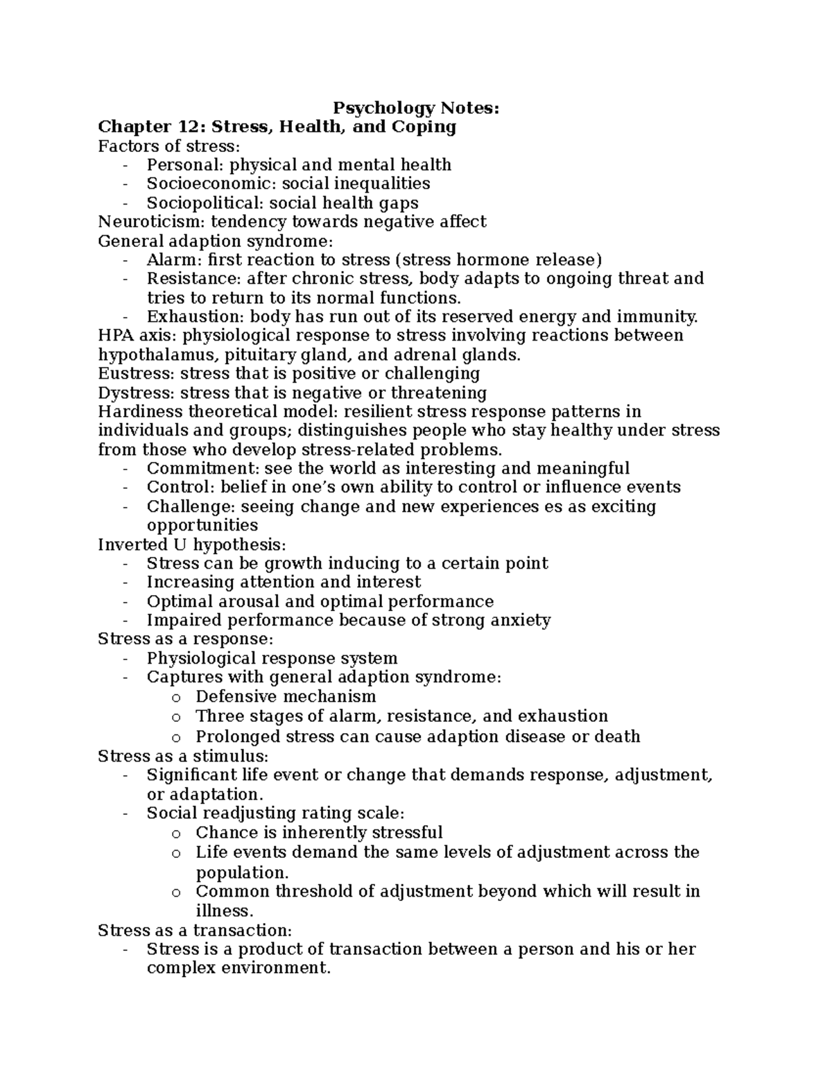 Psychology 121 Notes - Psychology Notes: Chapter 12: Stress, Health ...