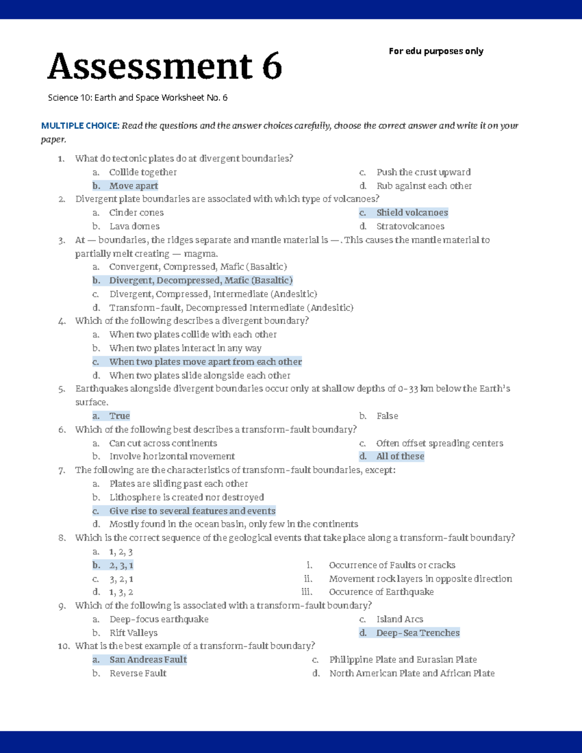 Earth and Space Worksheet - 6 For edu purposes only MULTIPLE CHOICE ...