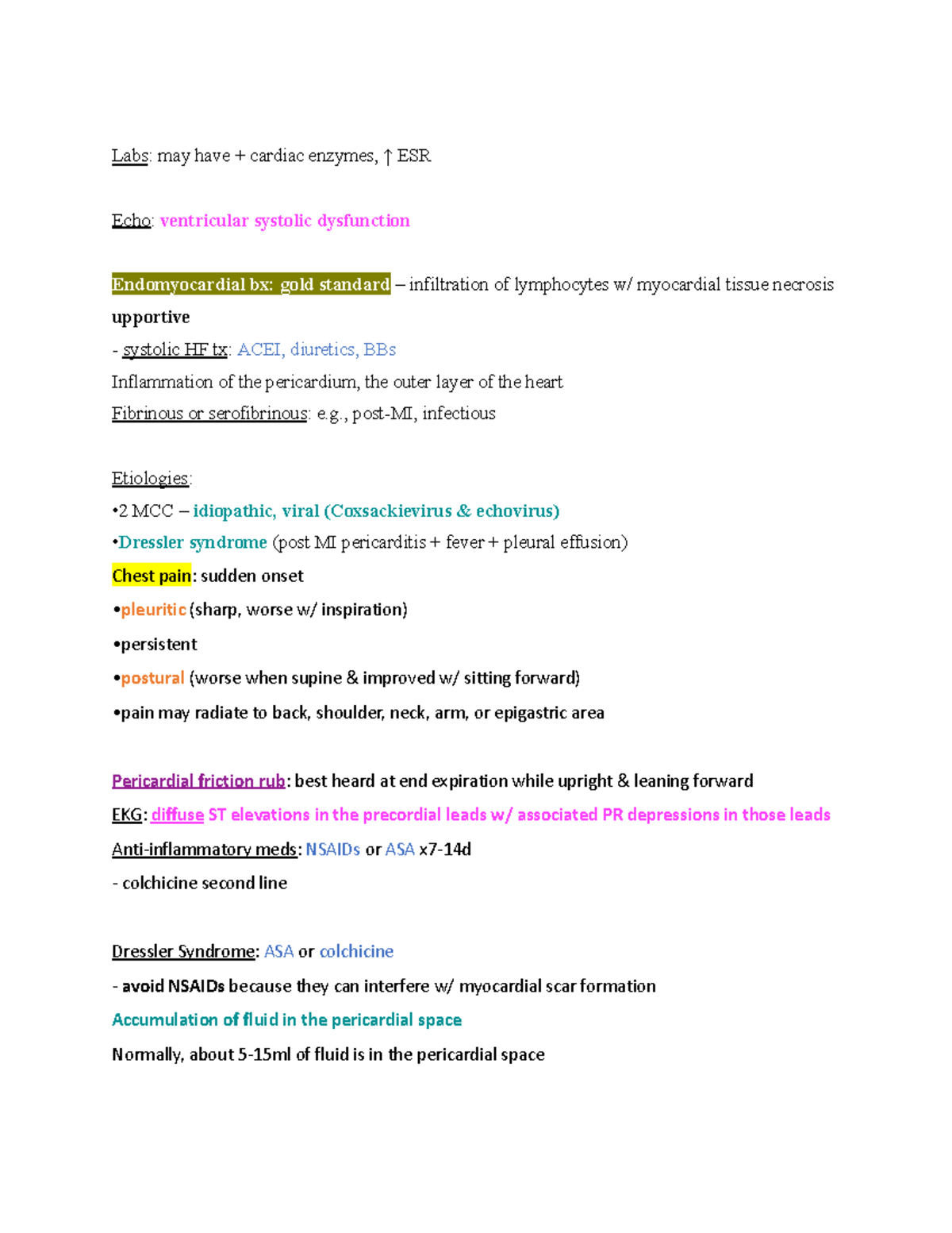 Emergency cardiac notes 4 - Labs: may have + cardiac enzymes, ↑ ESR ...