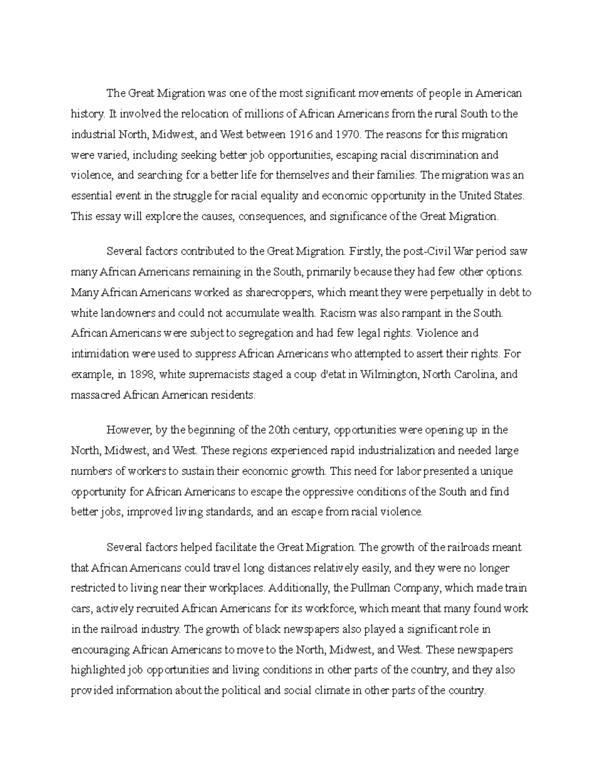 The Great Migration African Americans' Search for Equality and Economic ...