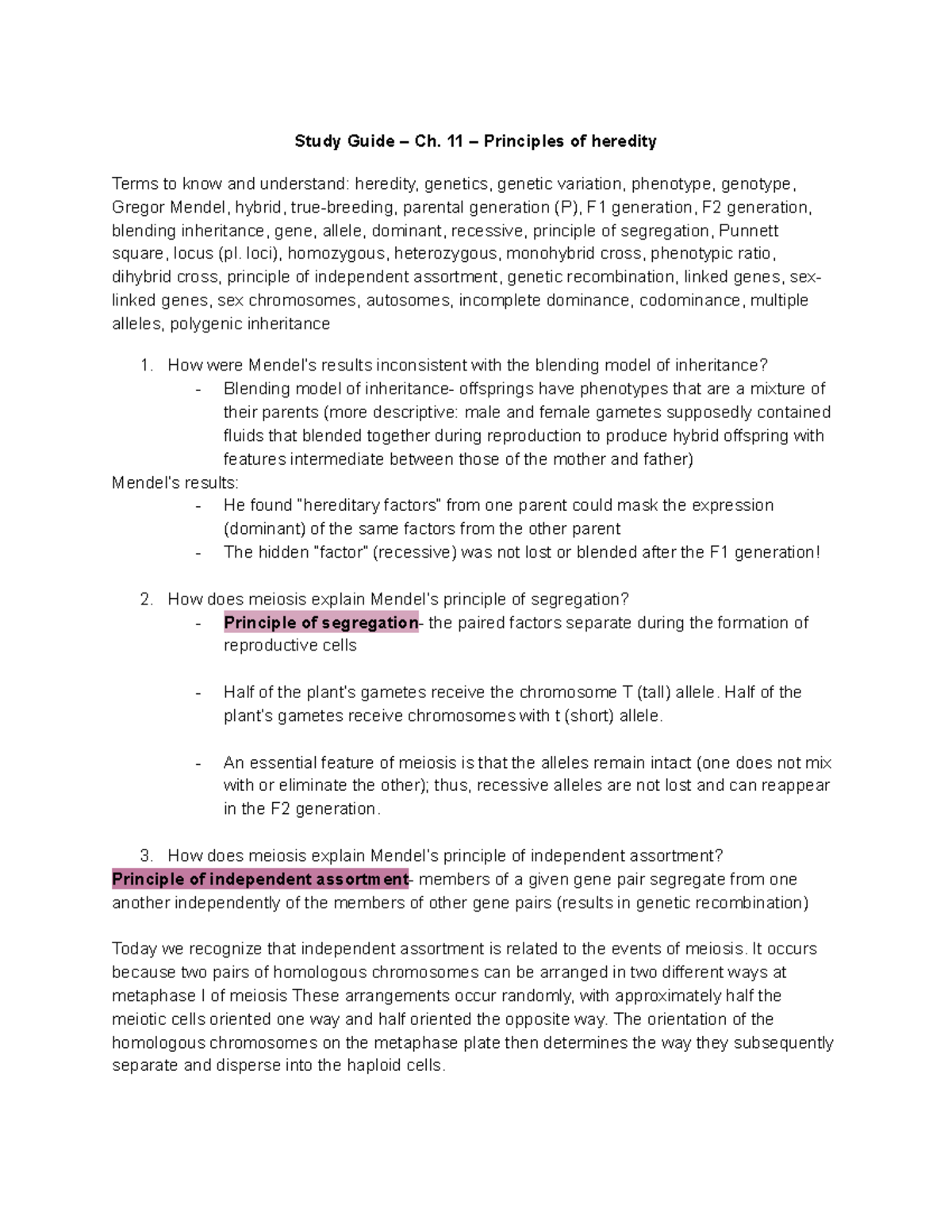 BIOL 125- CH.11 Study Guide - Study Guide – Ch. 11 – Principles of ...