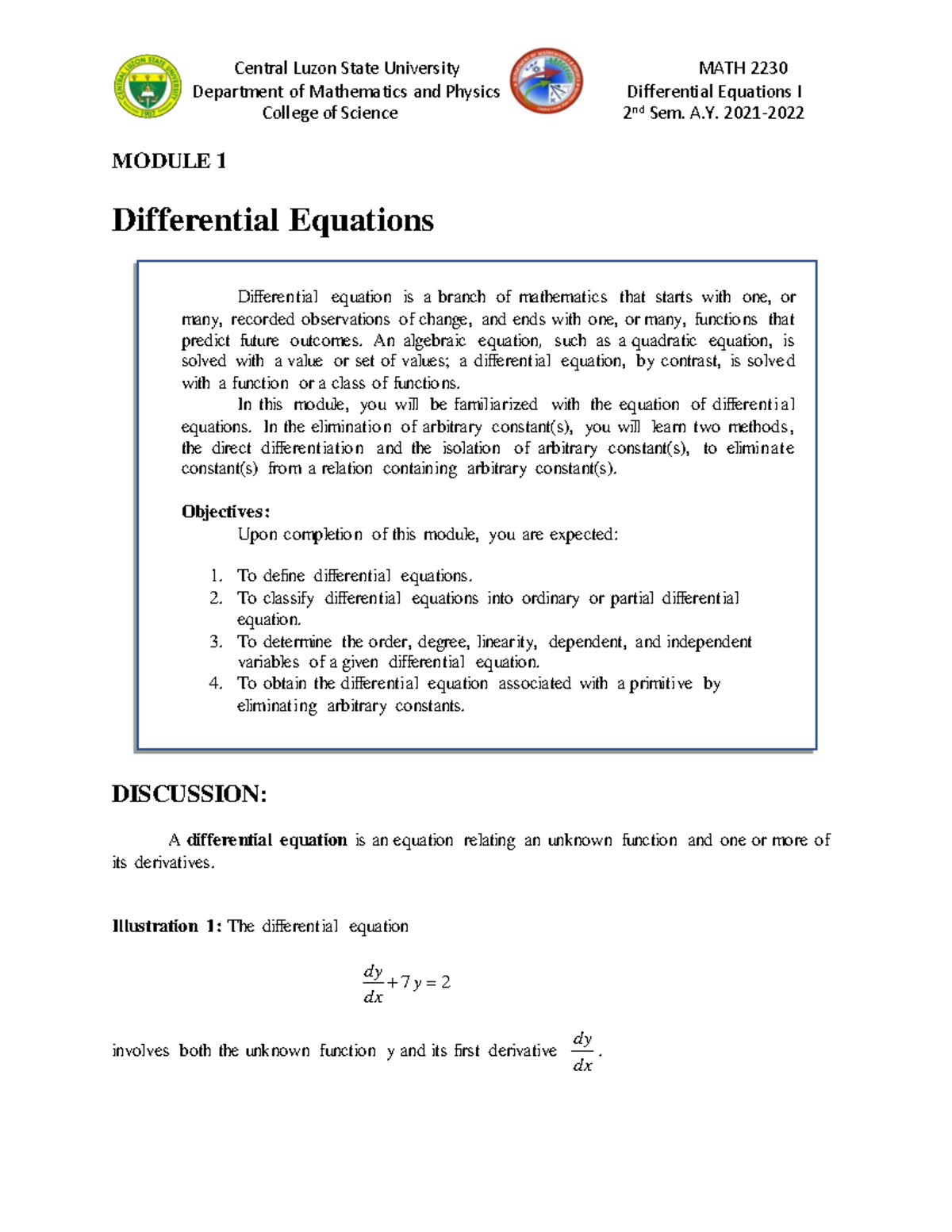 Module 1 - Department of Mathematics and Physics Differential Equations ...
