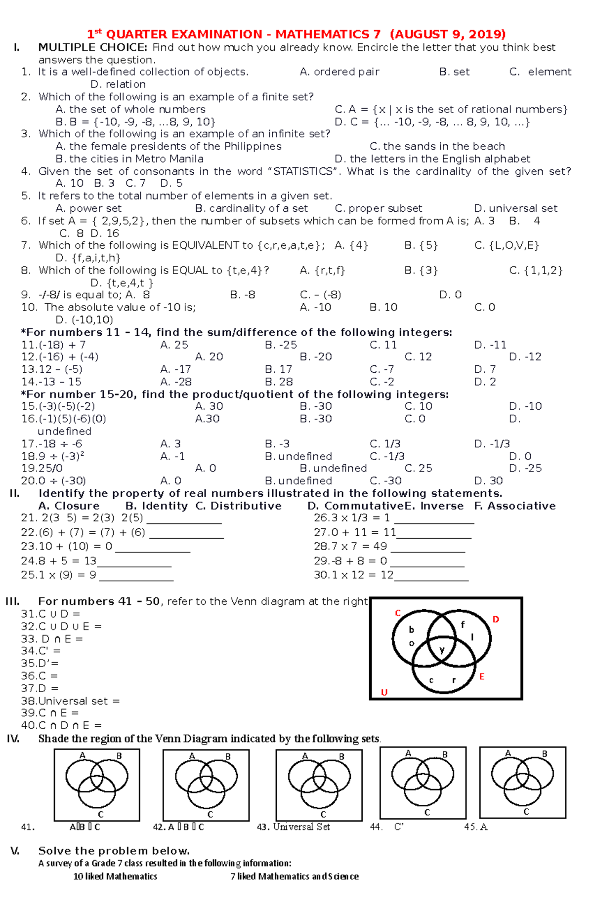 Math7Q1exam - for assessment - A B C A B C A B C A B C A B C 1 st ...