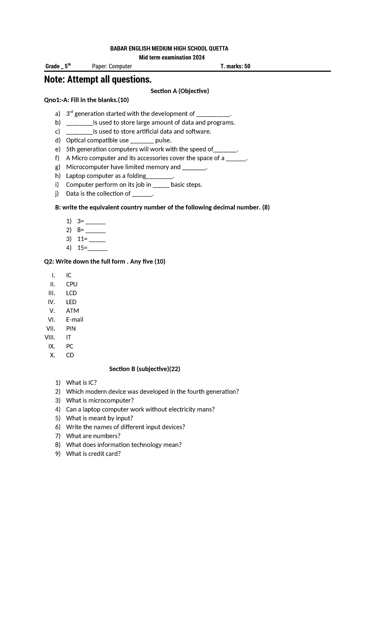 5th computer paper 2024 - BABAR ENGLISH MEDIUM HIGH SCHOOL QUETTA Mid term examination 2024 ...