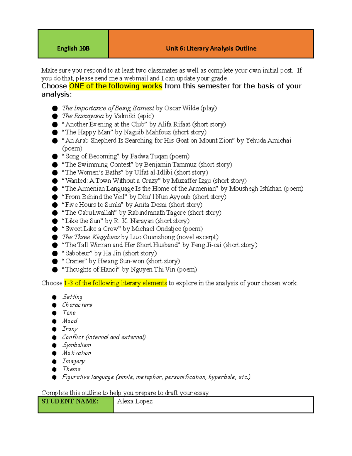 English 10 Literary Analysis Rough Draft Outline - English 10BUnit 6 ...