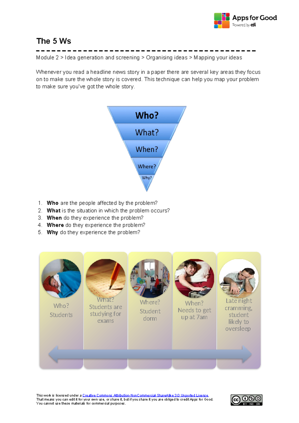 5ws worksheet - n/a - The 5 Ws Module 2 > Idea generation and screening ...