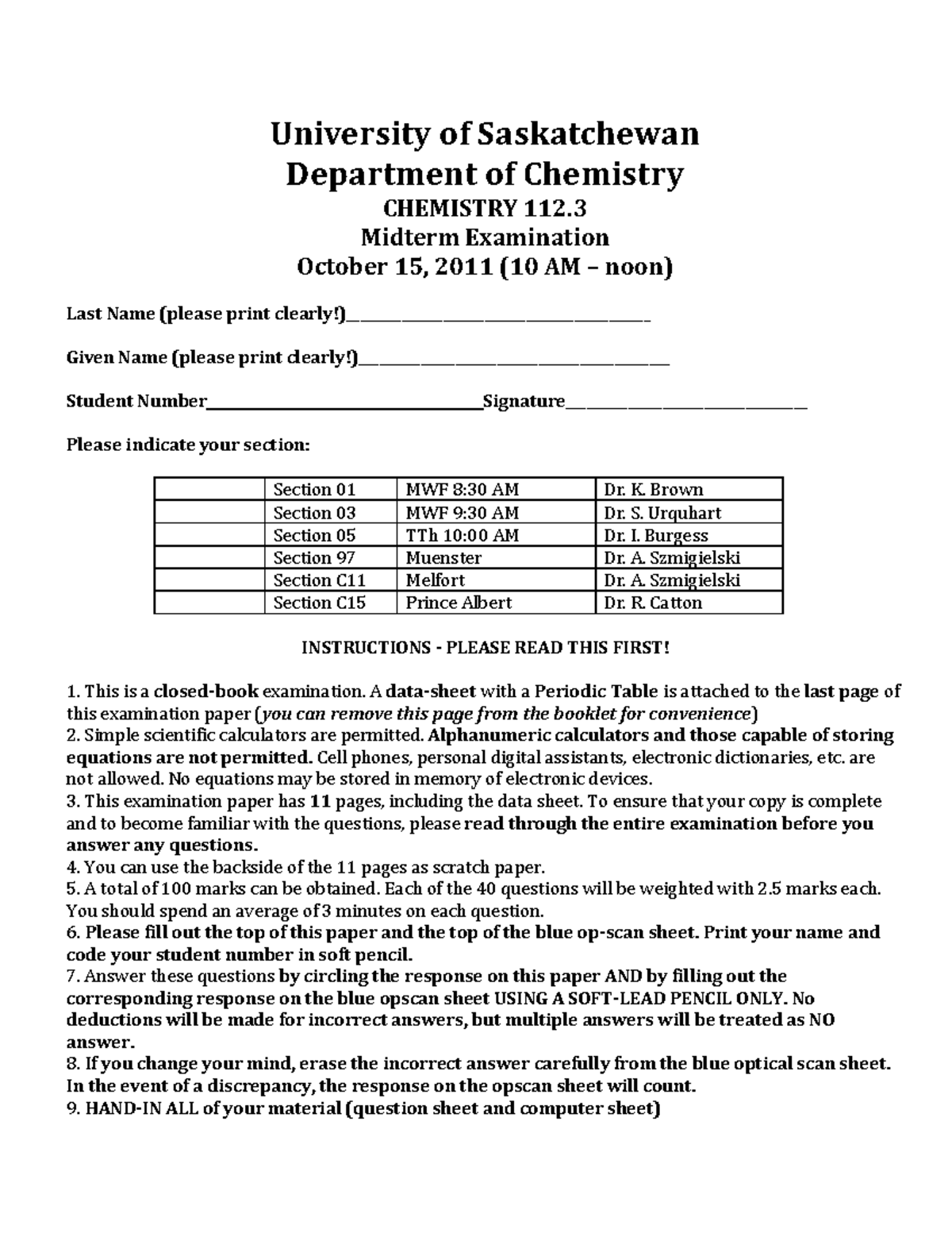 Sample Midterm 2011 - University of Saskatchewan Department of ...