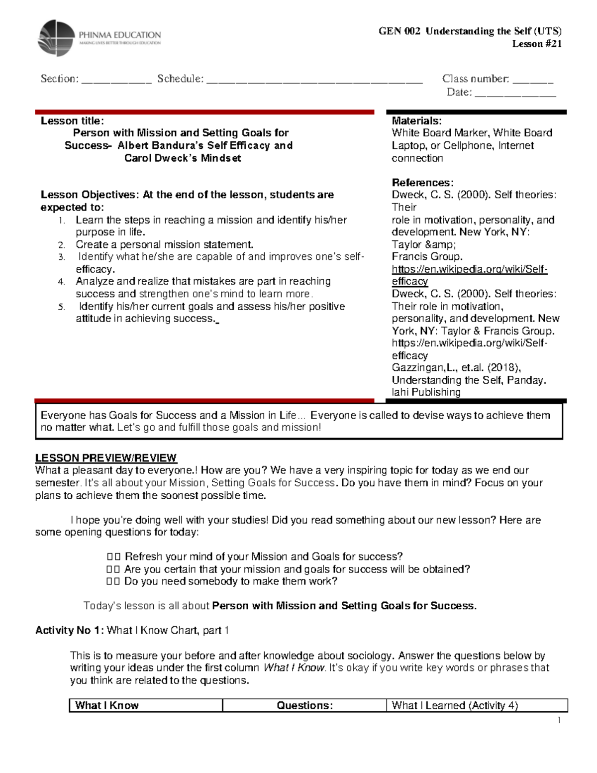 GEN 002 MODULE 21 - Lesson # Section: ____________ Schedule