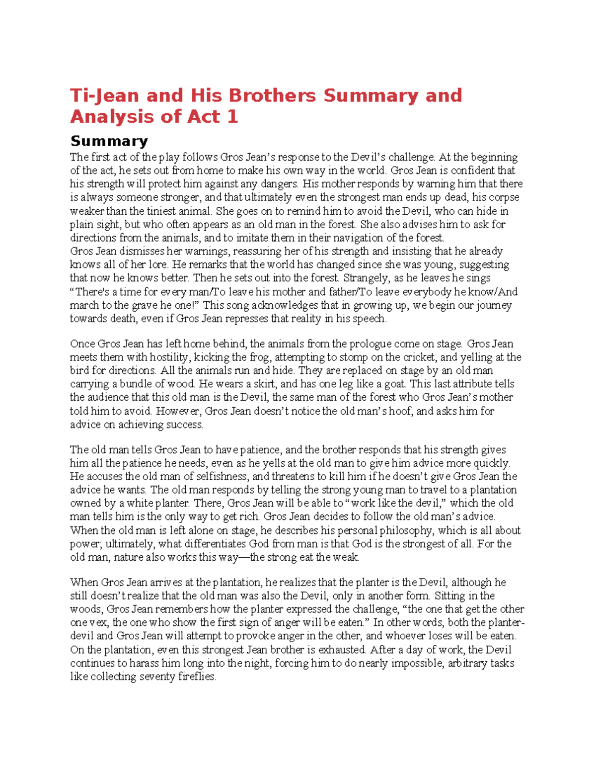 Ti-Jean and His Brothers Act 1 summary - Ti-Jean and His Brothers ...