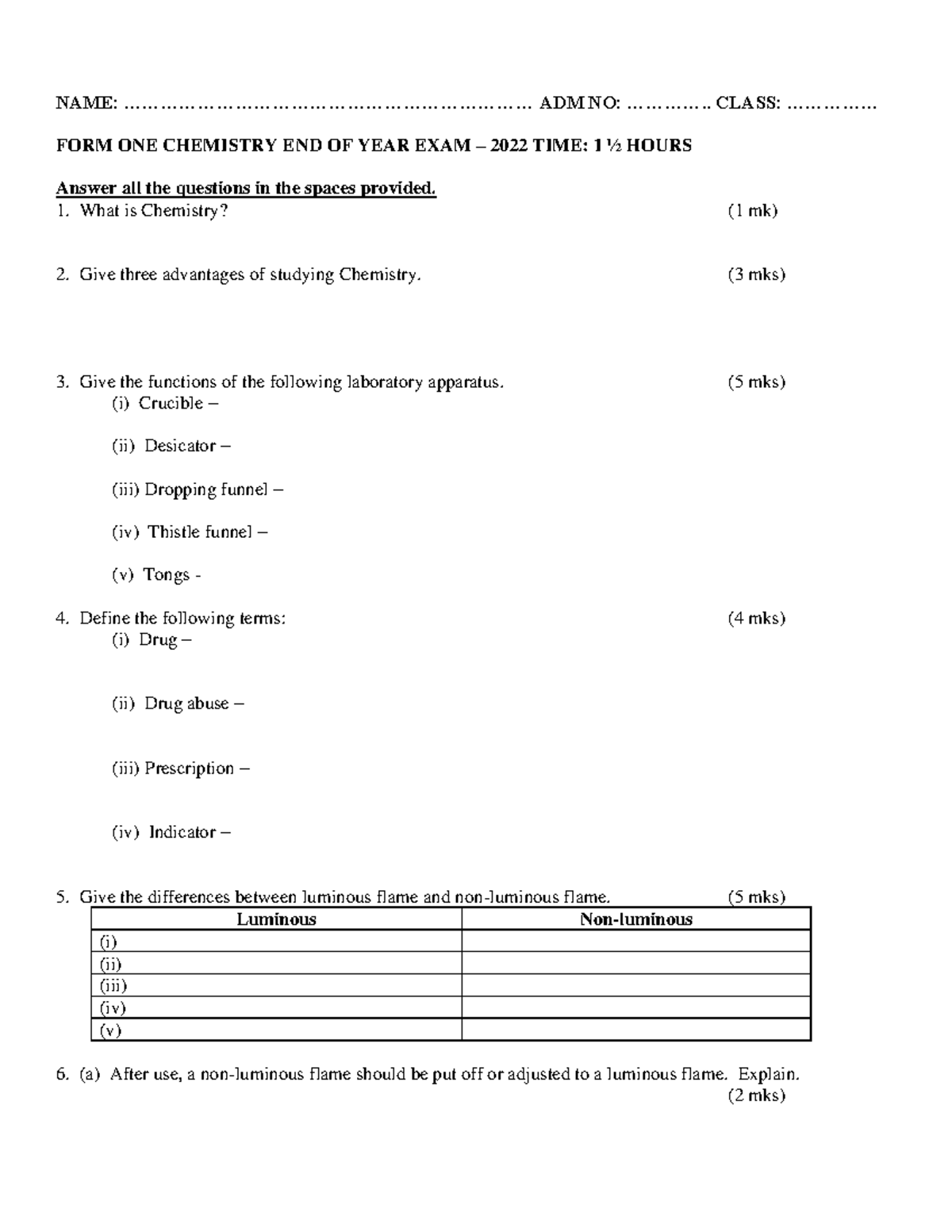Chemistry Form 1 End Term 3 Questions Excellence Joint Exam - NAME ...
