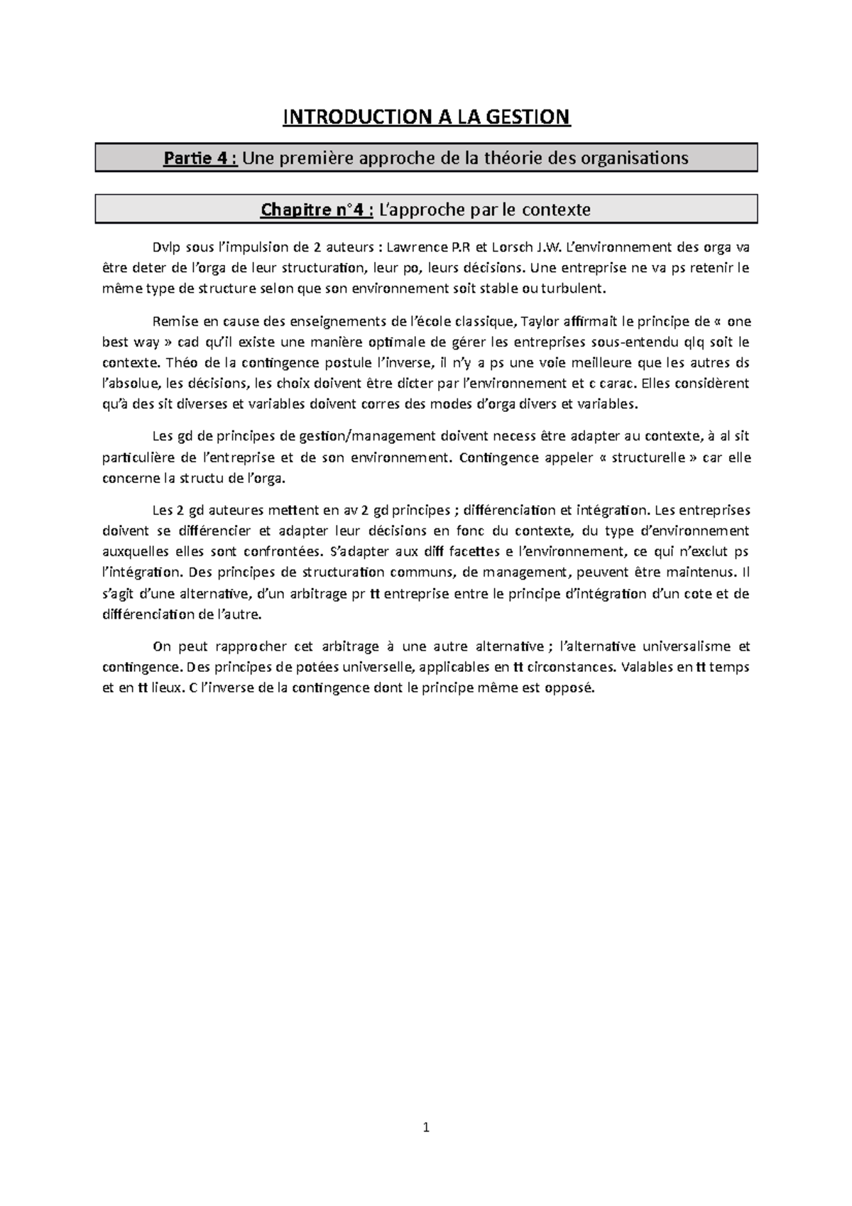 Chapitre n°4 - L’approche par le contexte - INTRODUCTION A LA GESTION Partie 4 : Une première ...